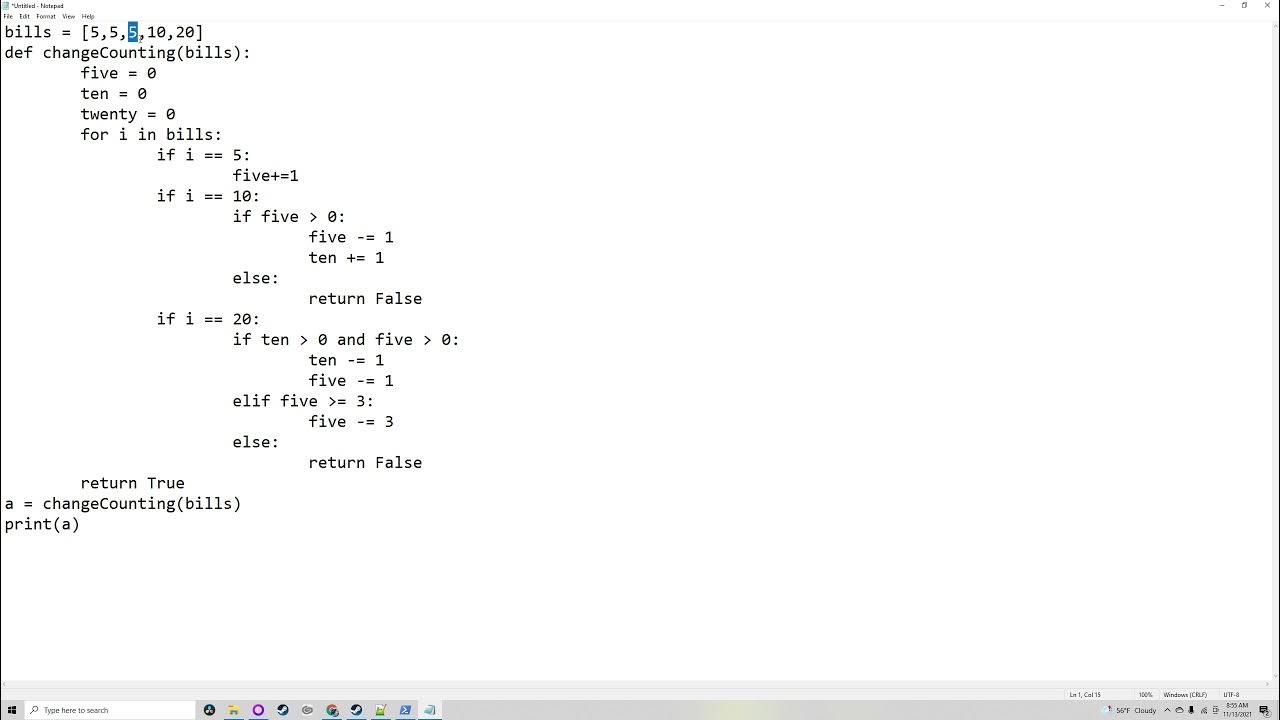 How to calculate lemonade stand changes - Leetcode python solution by Elrik - YouTube