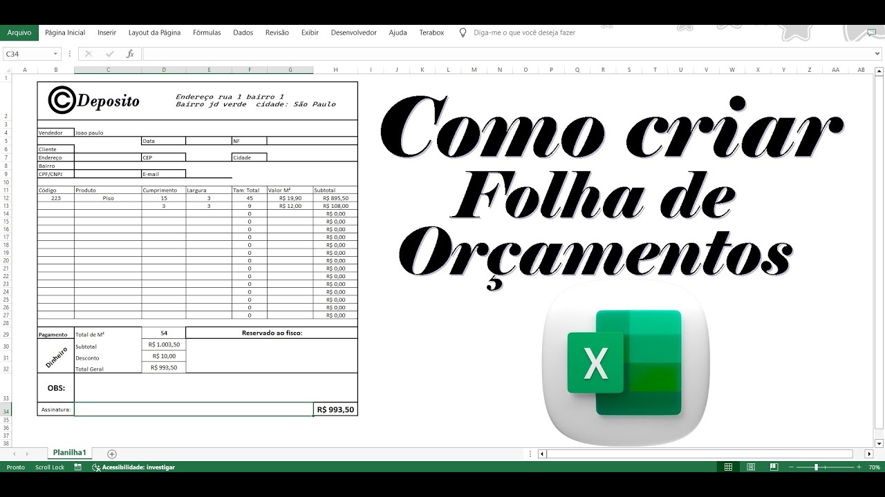 Como criar Folha de Orçamento No Excel Simples Rapido e Fácil - YouTube