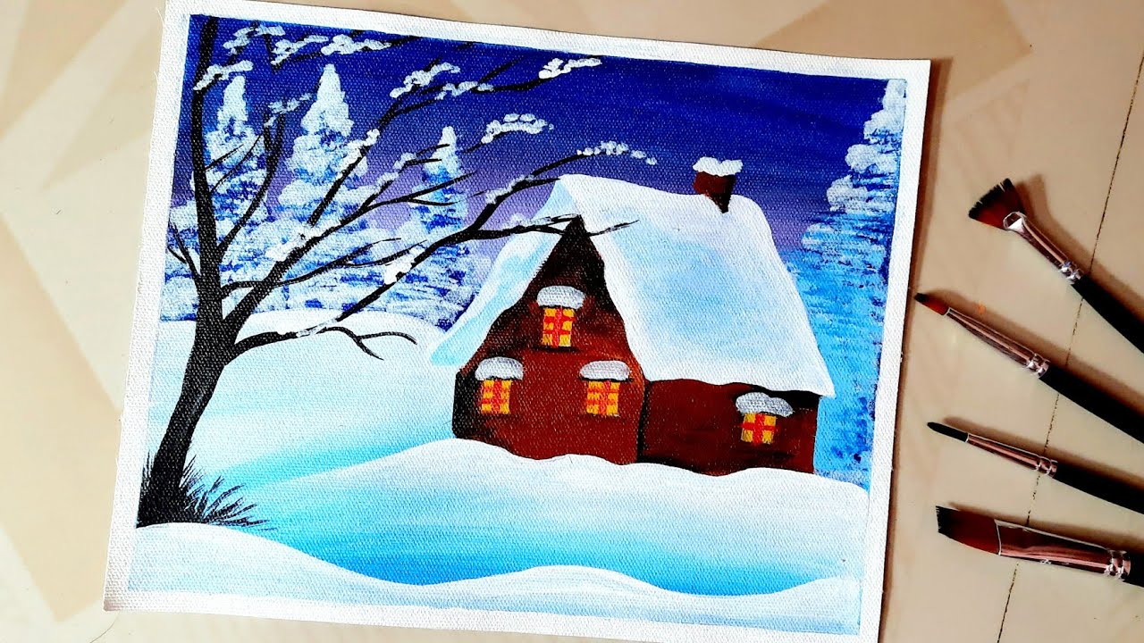 Winter season scenery painting very easy for begginers / Winter scenery ...