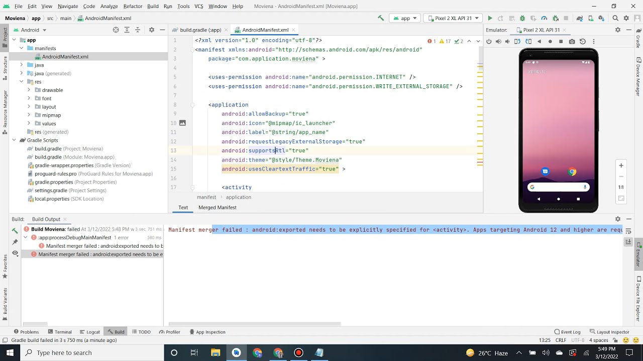 Manifest merger failed : Apps targeting Android 12 Exported error fixed - YouTube