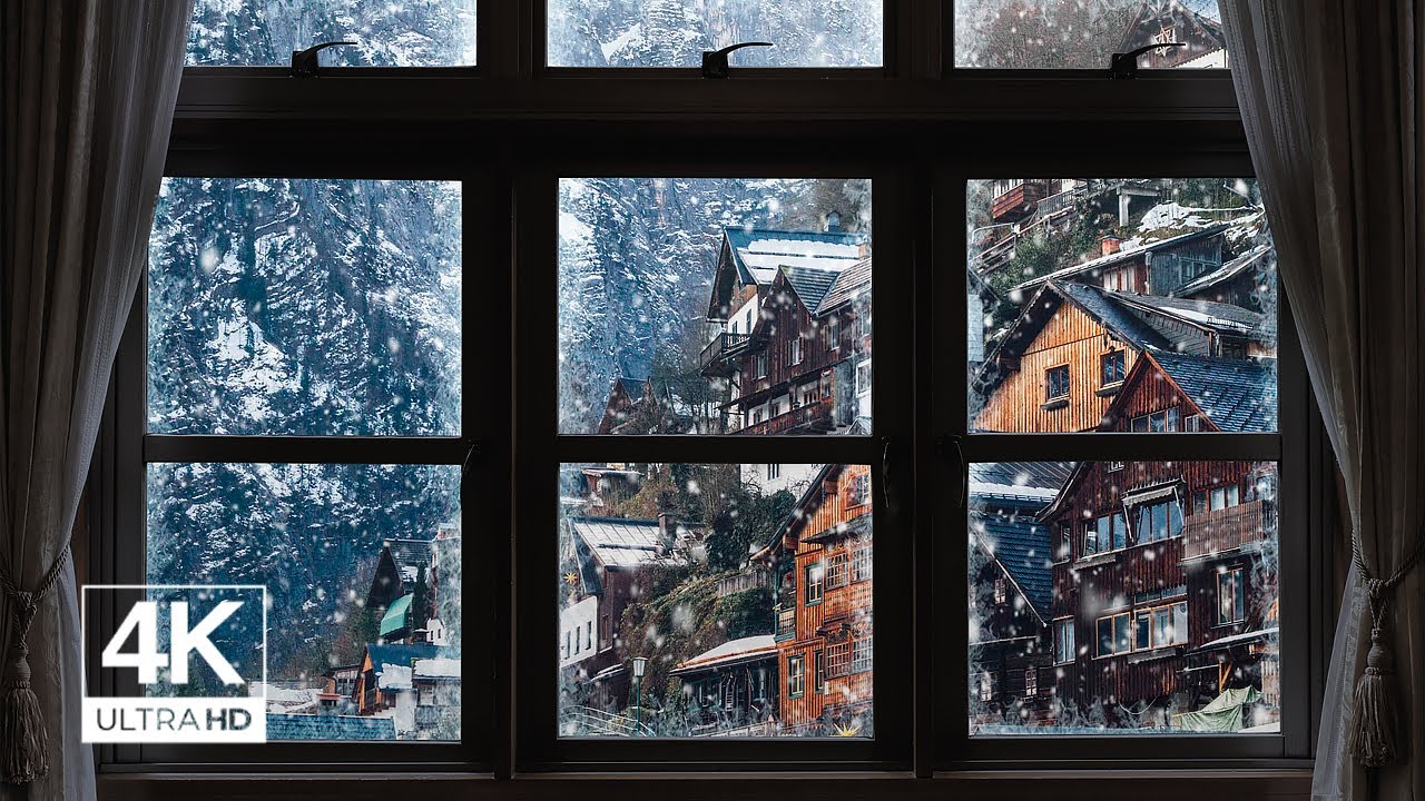 4K Winter town with snow window View - Relaxing, Calming, Ambience ...