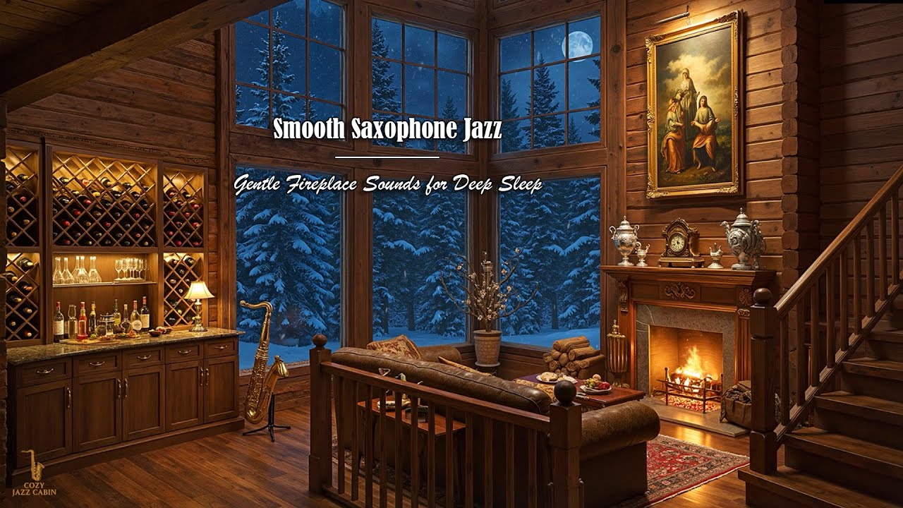 Snowy Night Forest ~ Smooth Saxophone Jazz in Cozy Cabin with Gentle ...