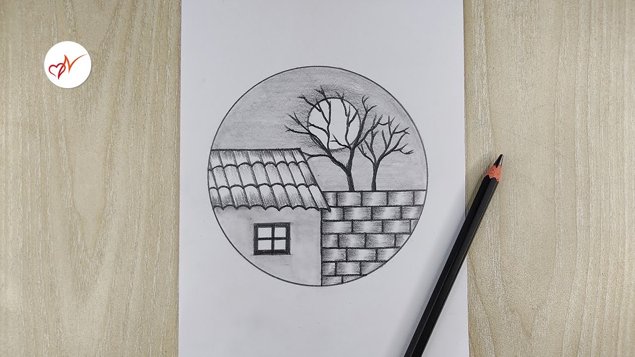 How to draw a realistic beautiful scenery | Scenery drawing in a circle ...