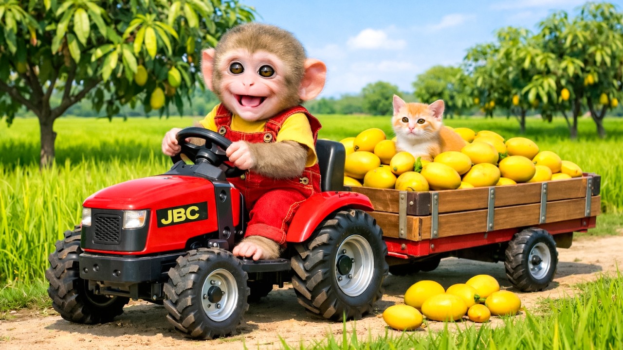 Monkey Farmer Drives the JCB Tractor Excavator Harvest Mangoes | Monkey ...