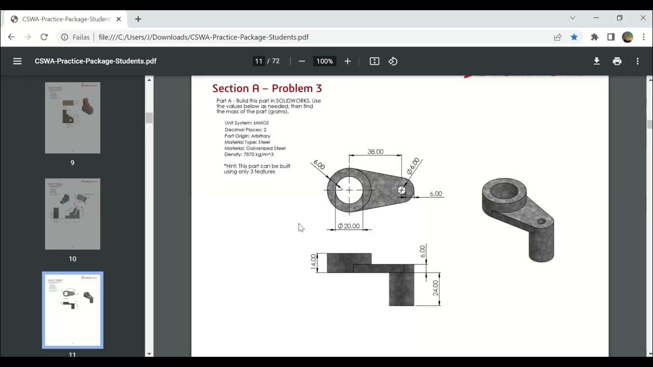CSWA Section A problem 3, Solidworks exam practice for beginner 2022 ...