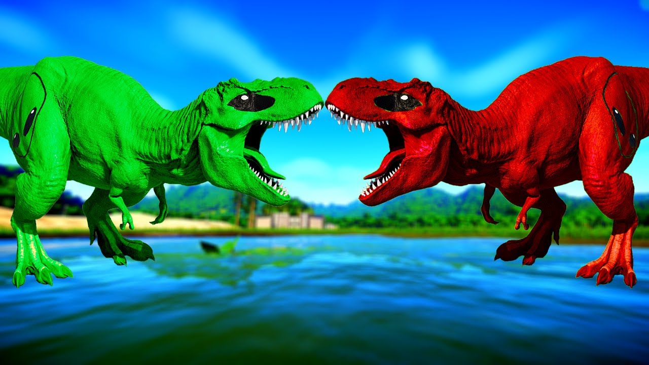 Green Alien T-Rex Fighting Big Carnivore Dinosaurs in JWE - YouTube