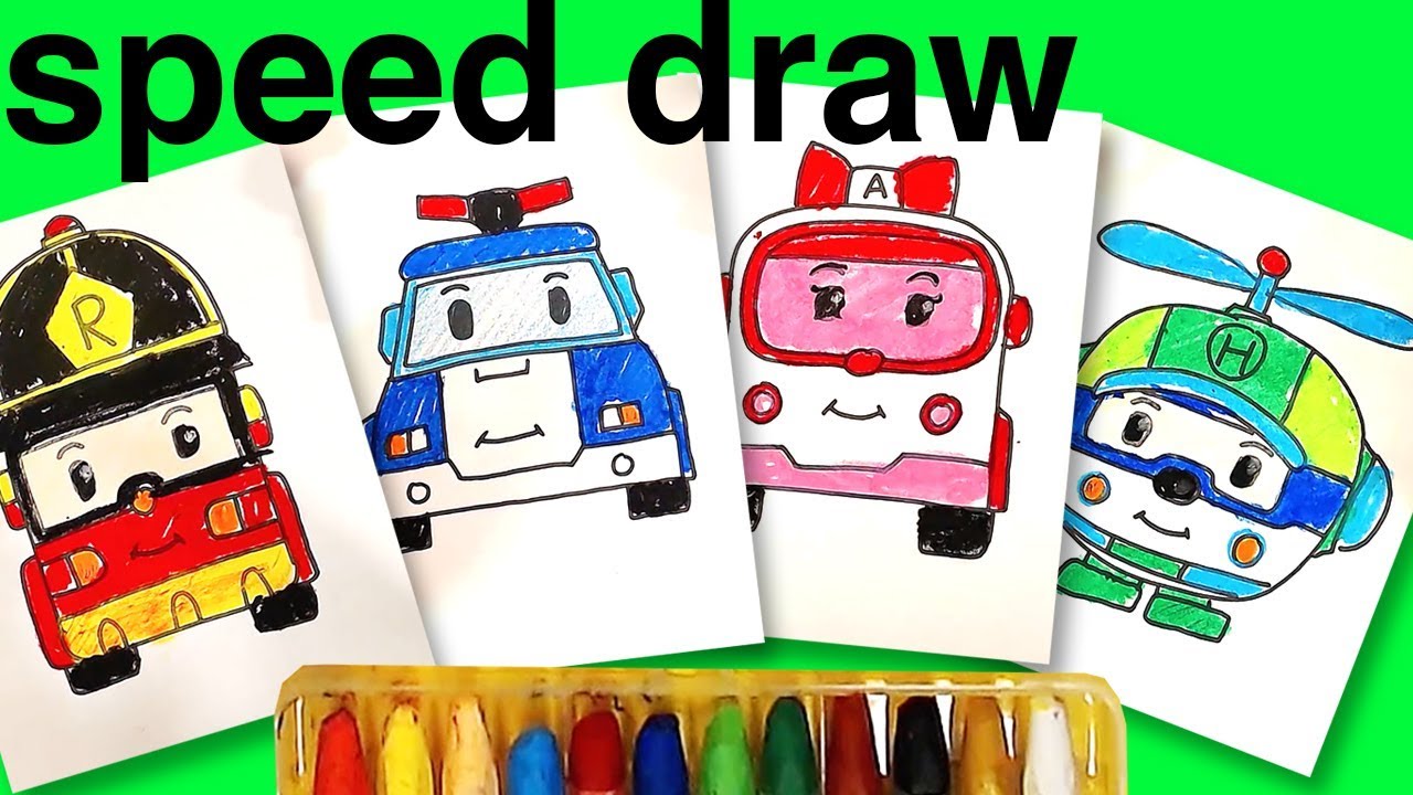 SPEED DRAW / How to Draw Robocar POLI, Amber, Heli For Kids - YouTube