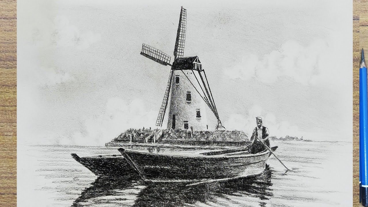 Windmill Scenery Pencil Art : How To Draw Windmill - YouTube