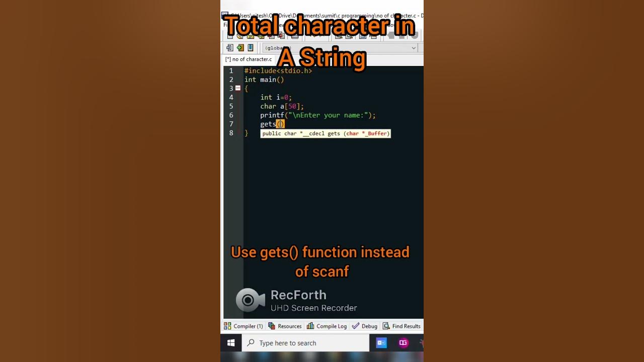 Total character in a string | c programming | #clanguage #shorts - YouTube
