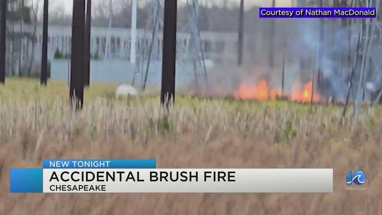 Brush fire in Chesapeake caused by downed powerline - YouTube