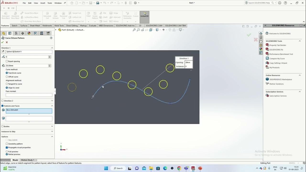 Curve Driven Pattern in Solidworks || solidworks curve driven pattern ||curve driven pattern ...