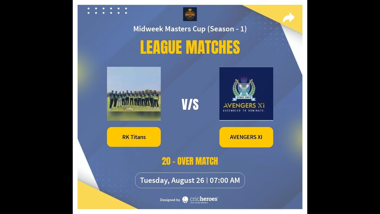 MIDWEEK MASTERS CUP SEASON - 1 || ( RK TITANS v/s AVENGERS XI ...