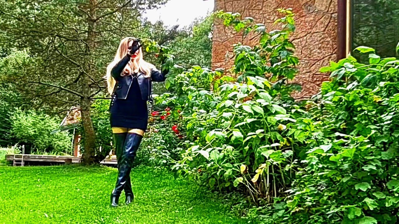 Granate Styling, walking outdoor, working in garden, minidress, thigh ...