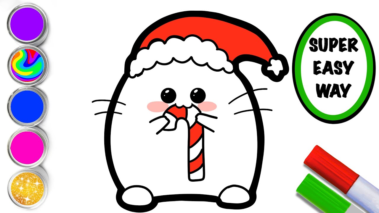 Hamster as Santa Claus Easy drawing painting coloring for kids ...