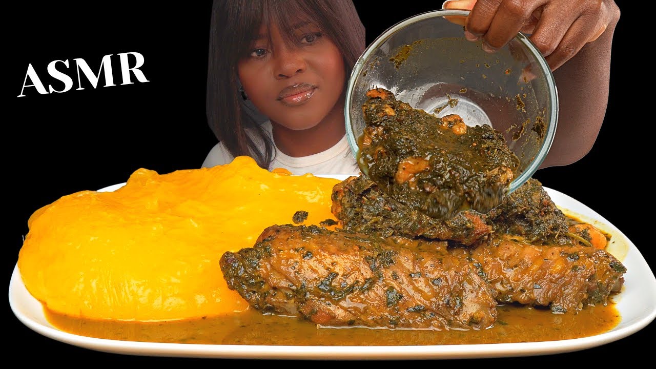 ASMR STARCH FUFU & SCENT LEAF (AFRICAN BASIL SOUP MUKBANG Nigerian food ...