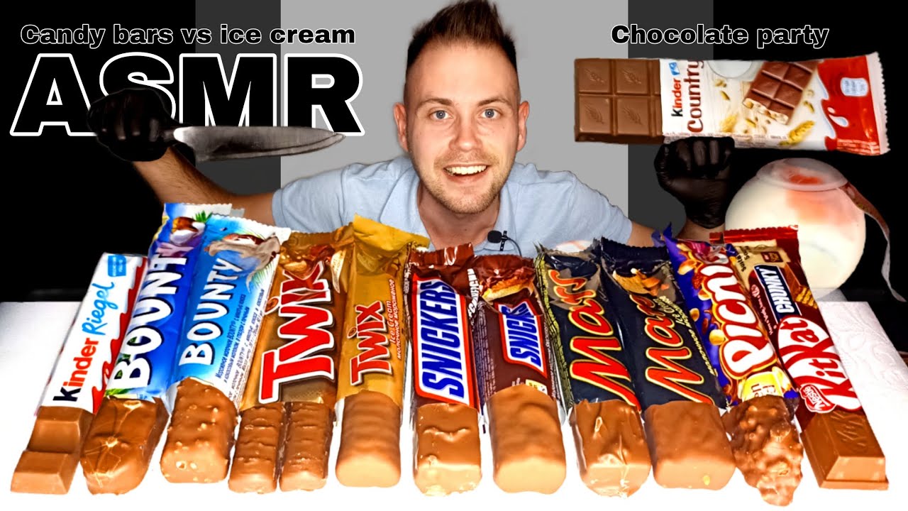 ASMR CHOCOLATE CANDY BARS vs ICE CREAM KINDER BOUNTY TWIX SNICKERS MARS ...