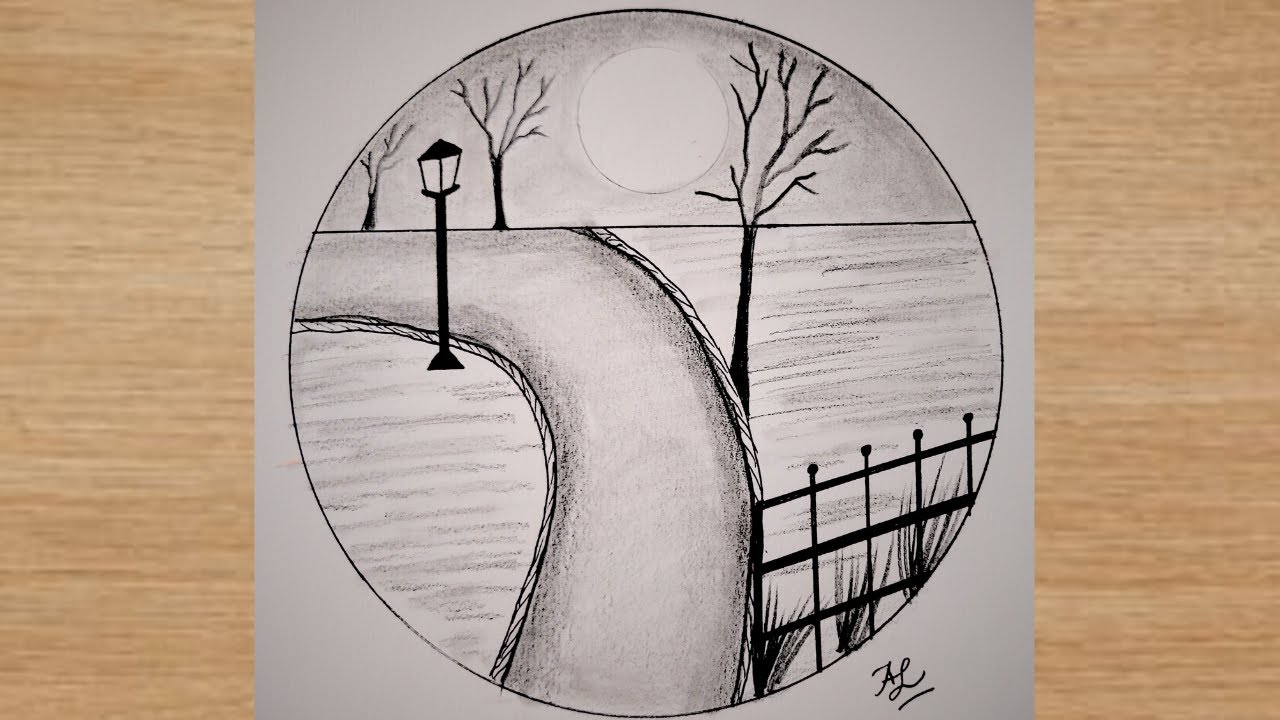 How to Draw a simple Landscape / Easy scenery drawing / Circle drawing ...