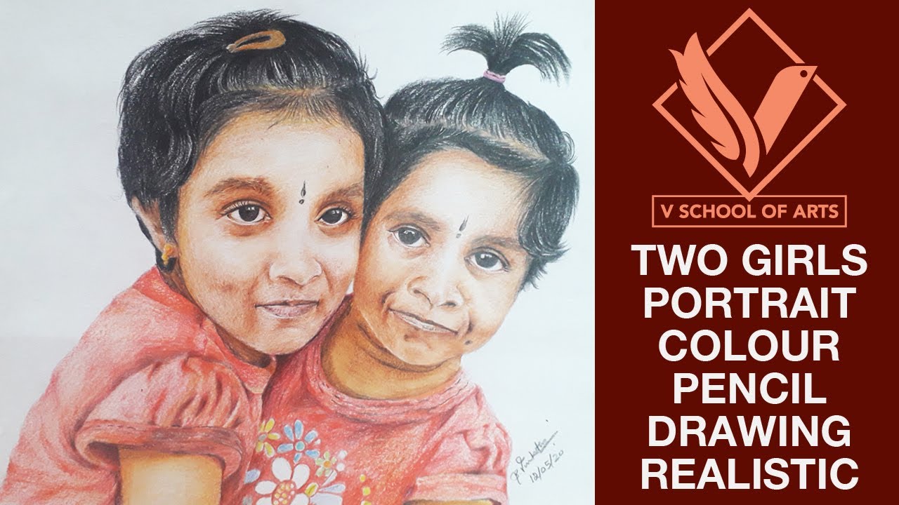 Two girls portrait colour pencil drawing realistic | V School of arts ...