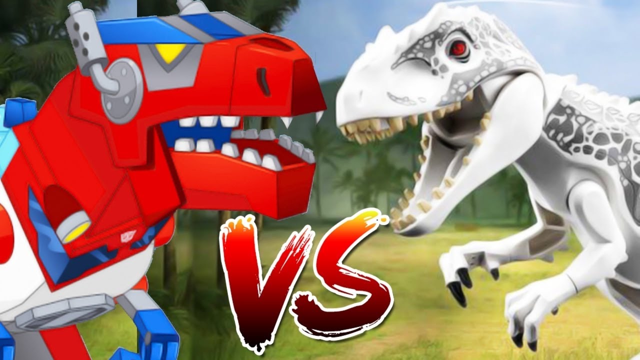 Lego Jurassic World Indominus Rex vs T. Rex Transformers Rescue Bots ...