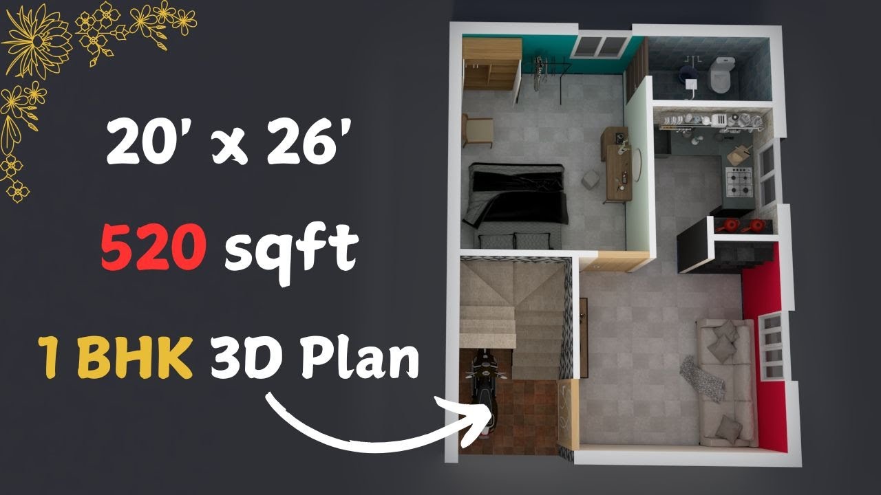 20 x 26 - 520 sqft house plan | 1bhk 3d plan design | non vastu house ...