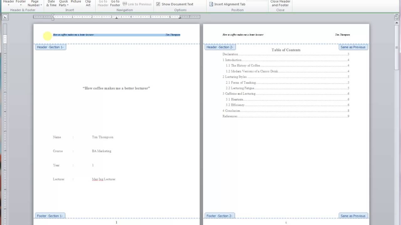 How to Remove a Header and Page Number from a Cover Page MS Word 2013 ...