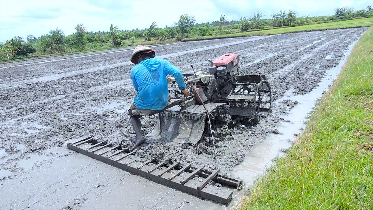 Rotary Walk Behind Tractor Tilling And Raking The Mud With A Wooden ...