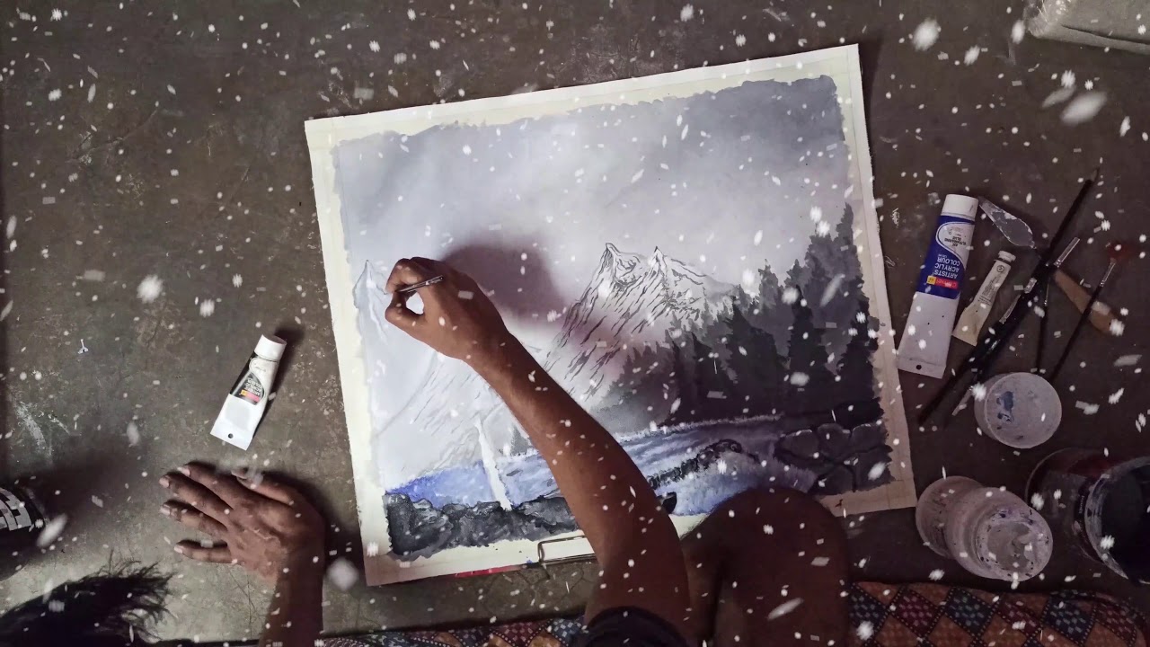 How to paint or draw snowy rainfall using canvas sheet with Acrylic ...