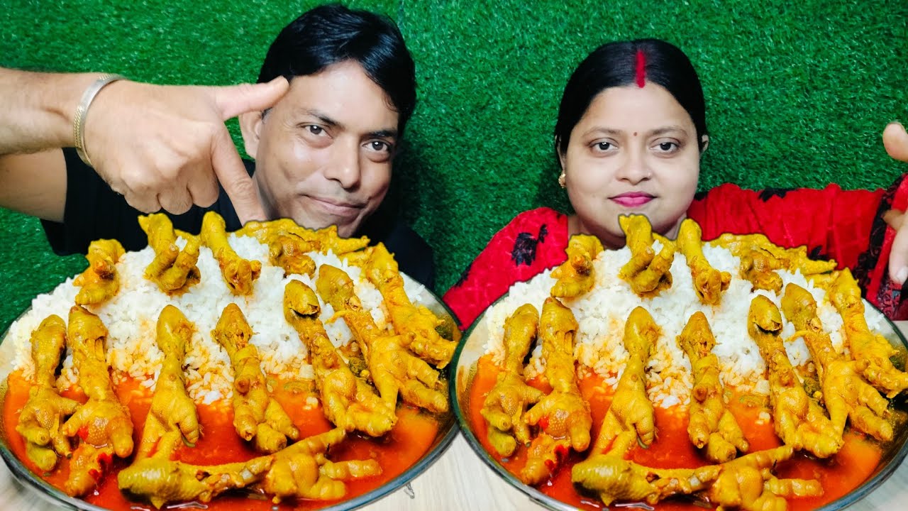 RICE AND SPICY 🔥 CHICKEN 🐔 FEET CURRY 😋 EATING/INDIAN FOOD EATING ...