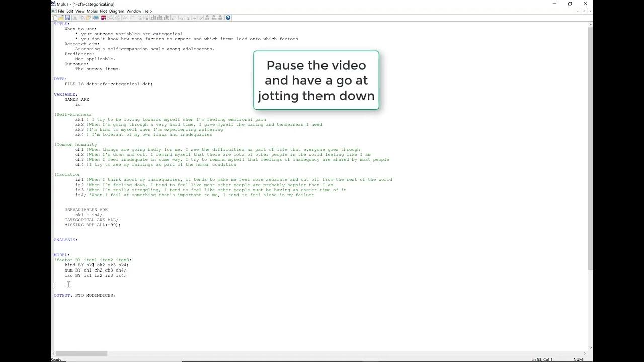 MplusWizard: 27. Confirmatory factor analysis. Part 1: The input file. - YouTube