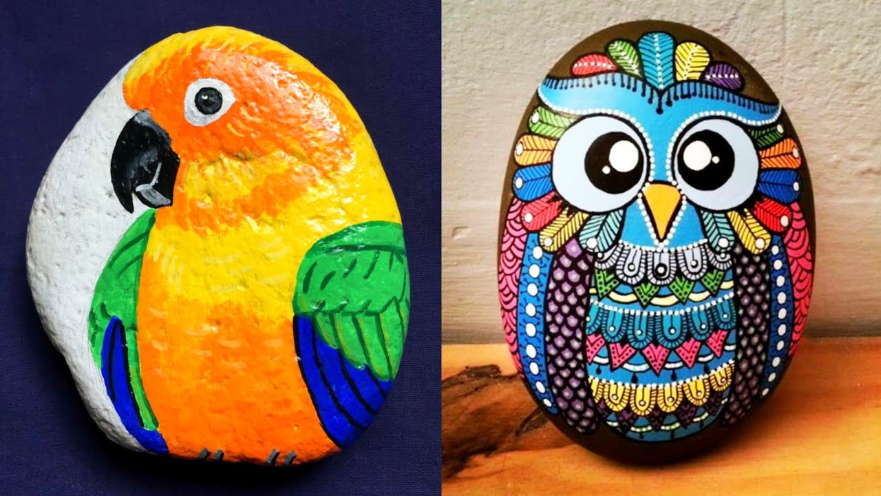 Awesome birds painting on rock and pebble - YouTube