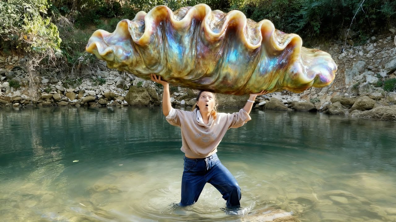 The girl discovered a unique colorful clam and carried it back home ...