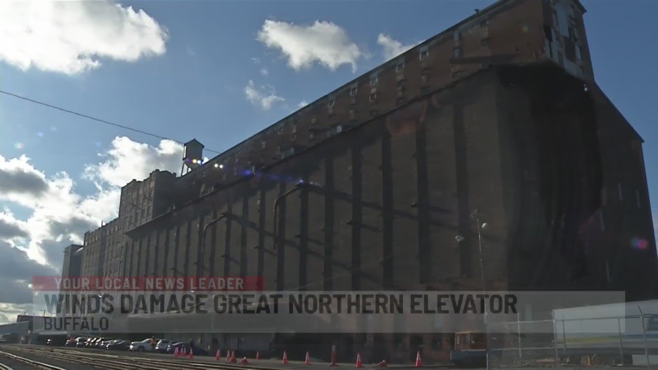 Great Northern grain elevator wall collapses in wind - YouTube