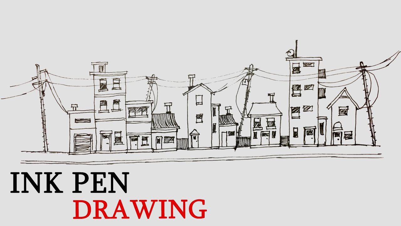 How to Draw building or street scene (DRAWING WITH INK PEN) - YouTube