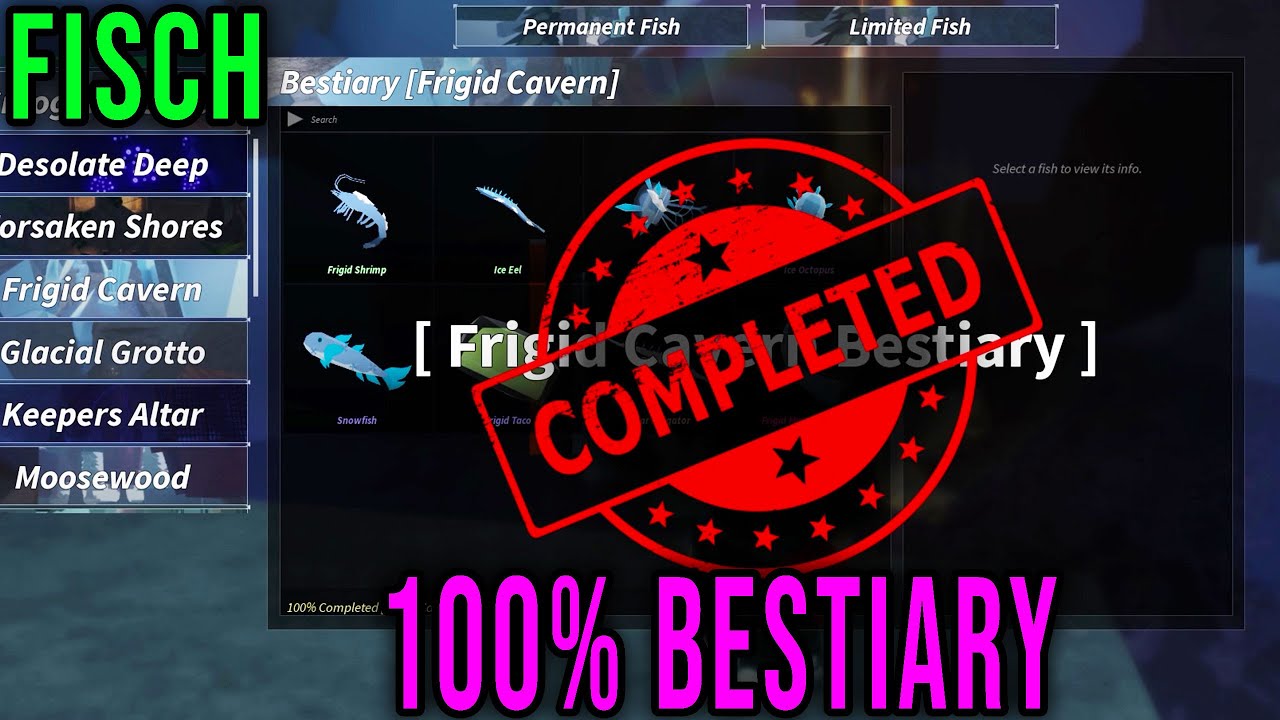 100% FRIGID CAVERN BESTIARY SHOWCASE + ALL FISHES [FISCH] - Roblox - YouTube