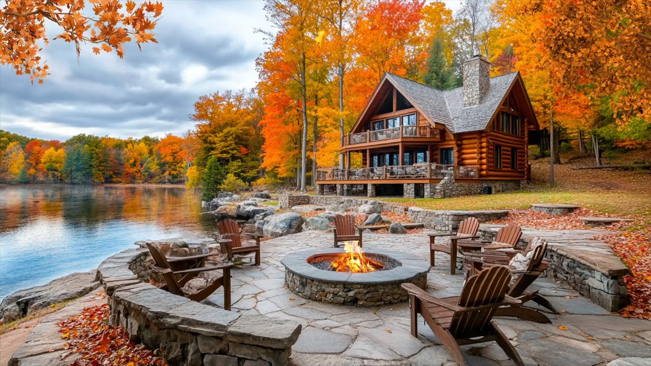 Lakeside Cabin in Autumn😪Cozy Fire Pit, Water Sounds and Calming Nature ...