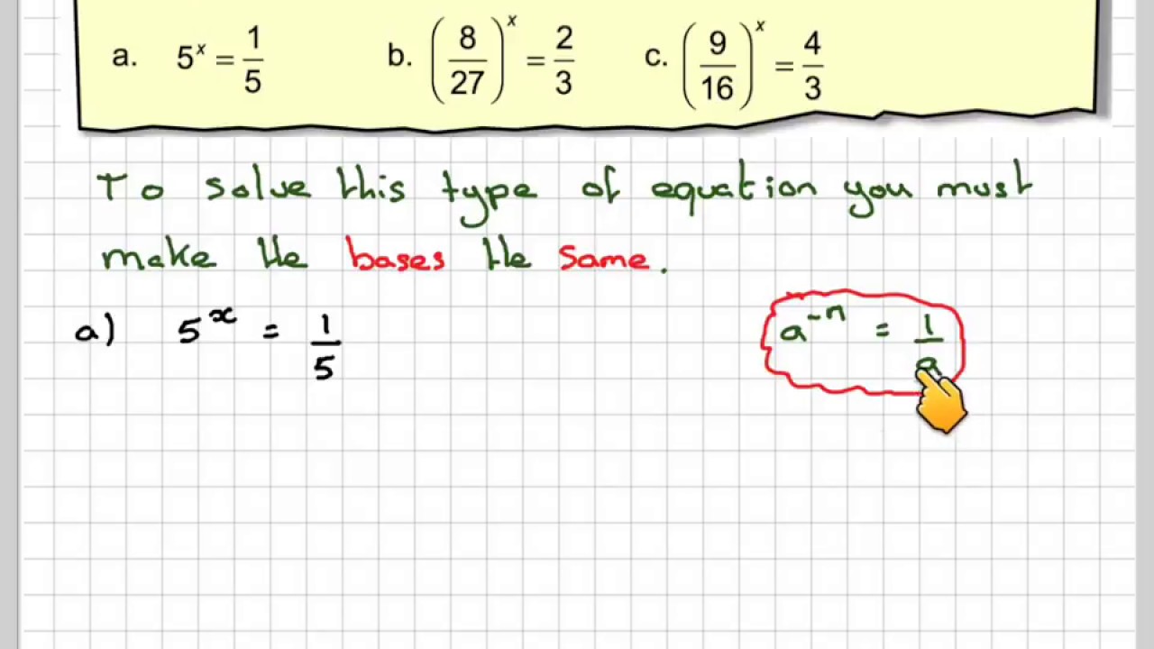 Solving exponential equations by making the bases the same - YouTube