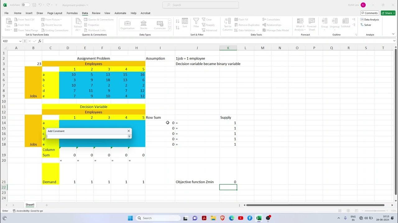 Assignment Problem Solving Using Solver - YouTube