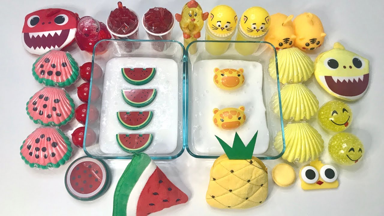 Red vs Yellow Slime | Mixing Random Things Into Glossy Slime ...