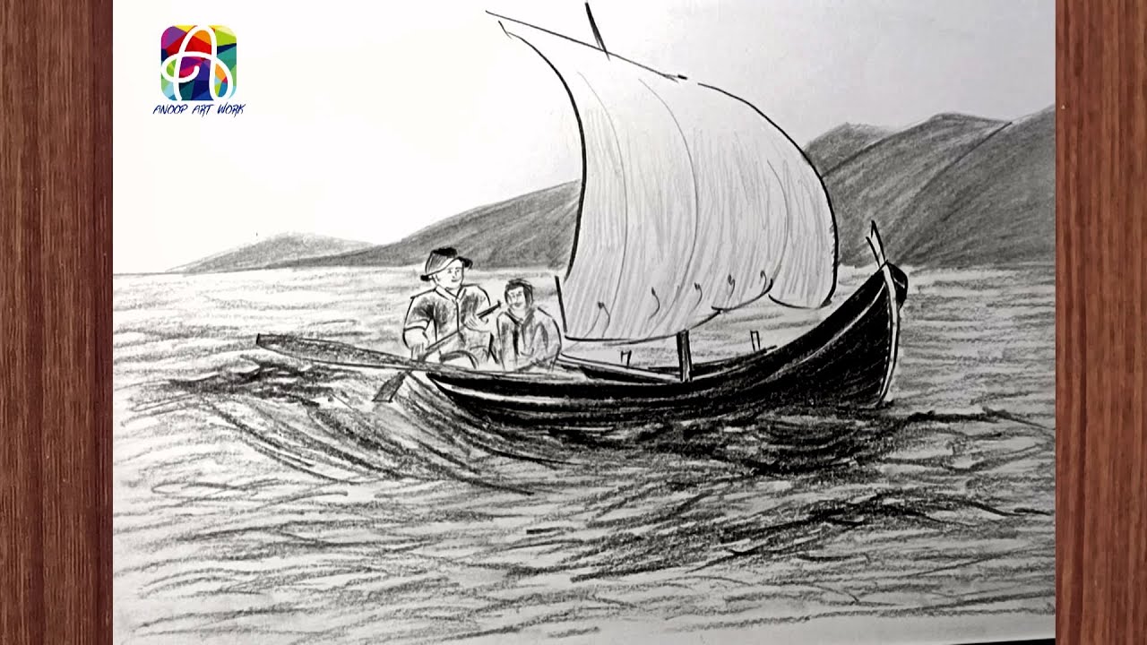 How To Draw & Shading A Little Boat In A Simple Scenery | Pencil ...