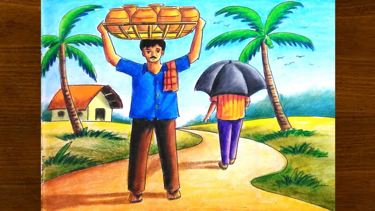 Summer season scenery drawing step by step / Village scenery drawing ...