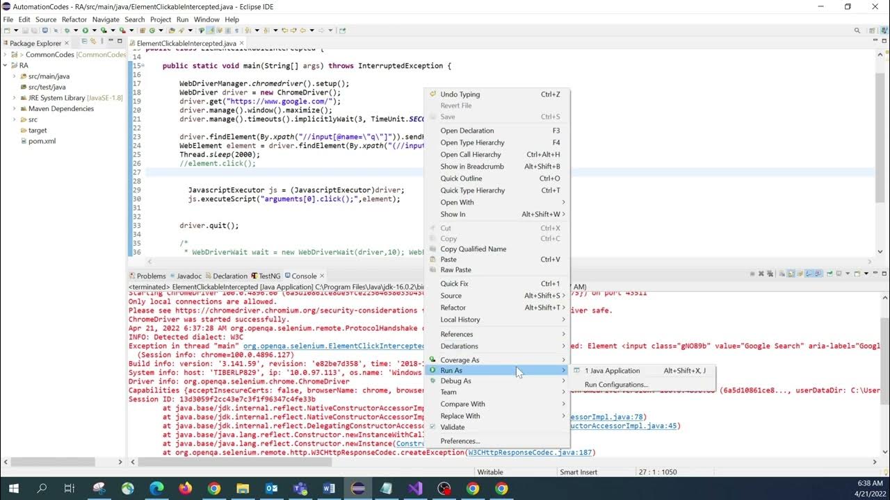 element click intercepted is not clickable at point. Other element would receive the click - YouTube