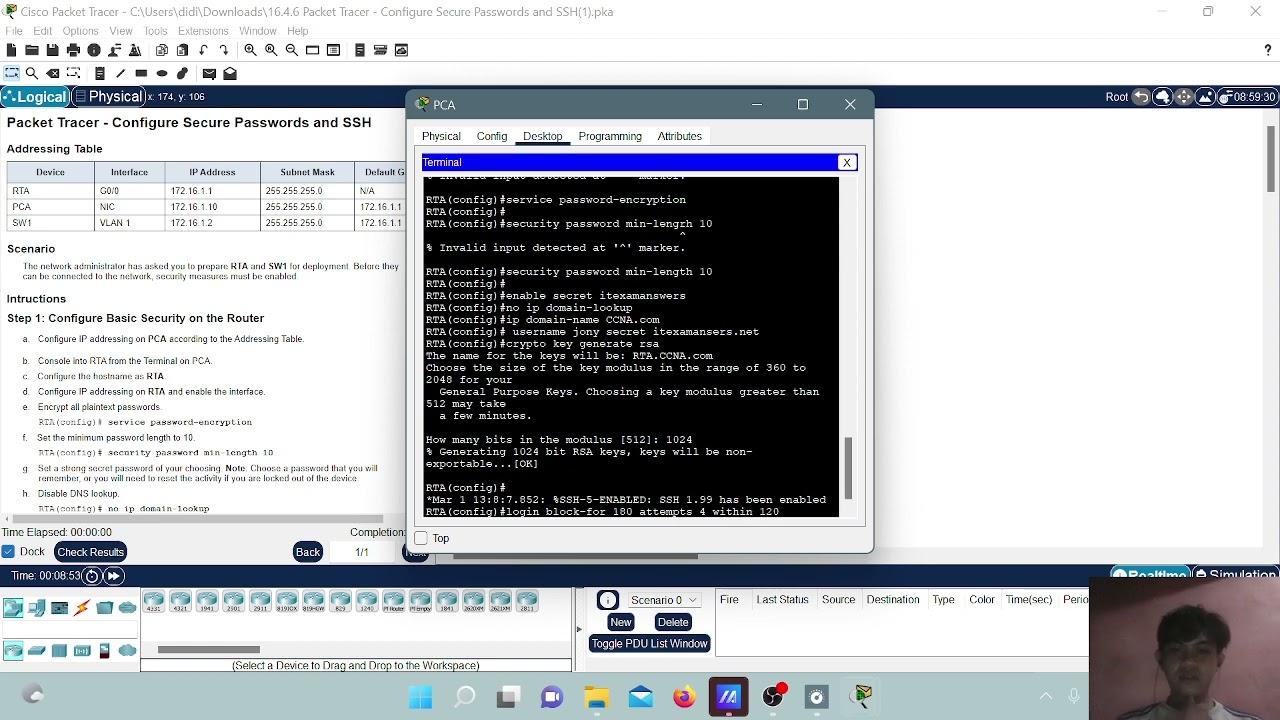 16 4 6 Packet Tracer Configure Secure Passwords And Ssh Youtube
