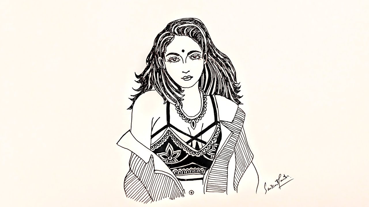 How to draw a cute beautiful lady | drawing of a lady | black and white ...