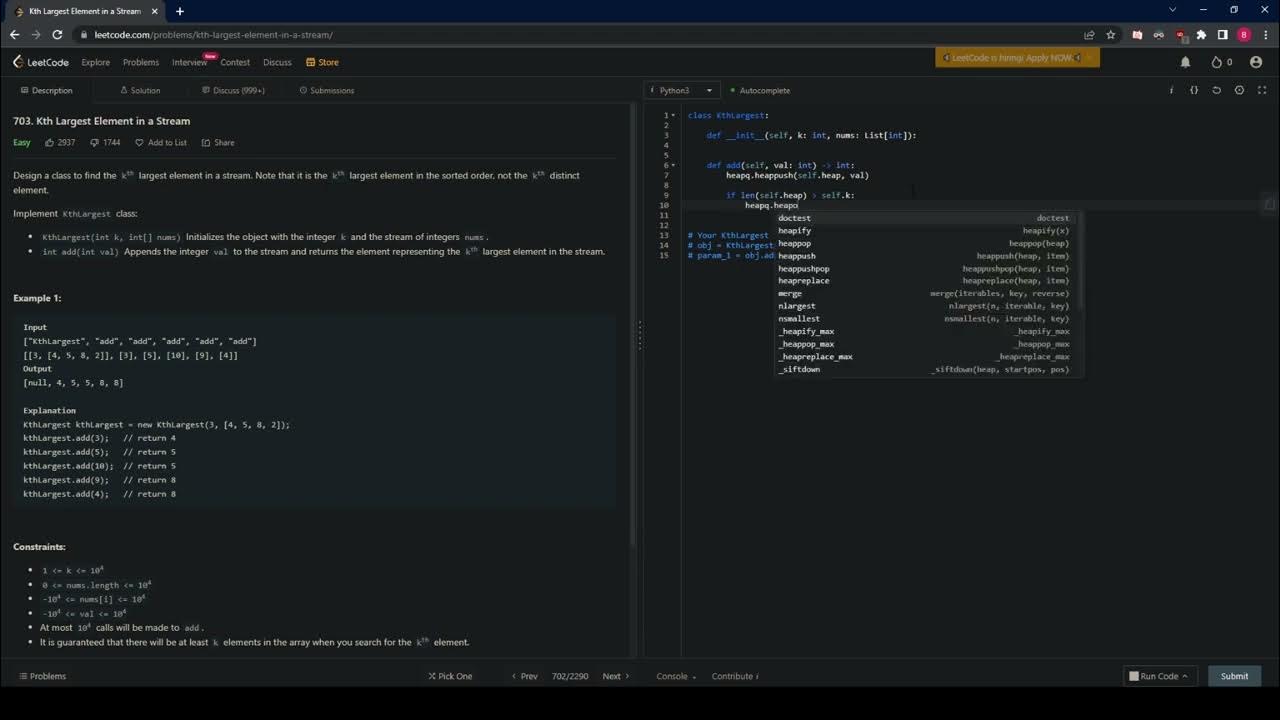 Leetcode Question 703 Kth Largest Element In A Stream Youtube