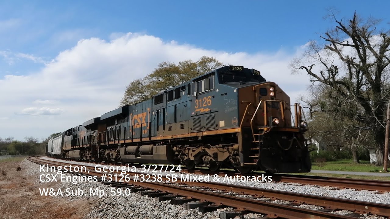 CSX Engines #3126 #3238 SB Mixed & Auto Racks Kingston, Georgia 3/27/24 ...