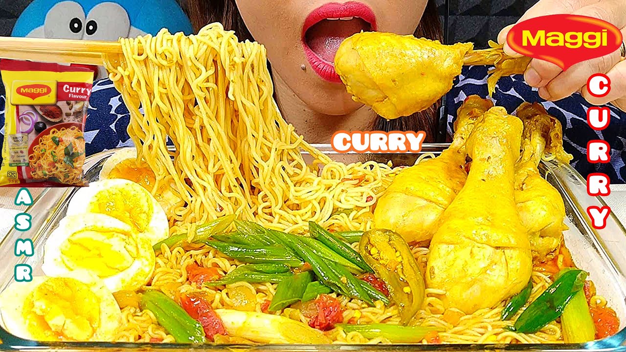 EATING MAGGI CURRY NOODLES + EGGS + CHICKEN DRUMSTICKS ASMR Eating ...