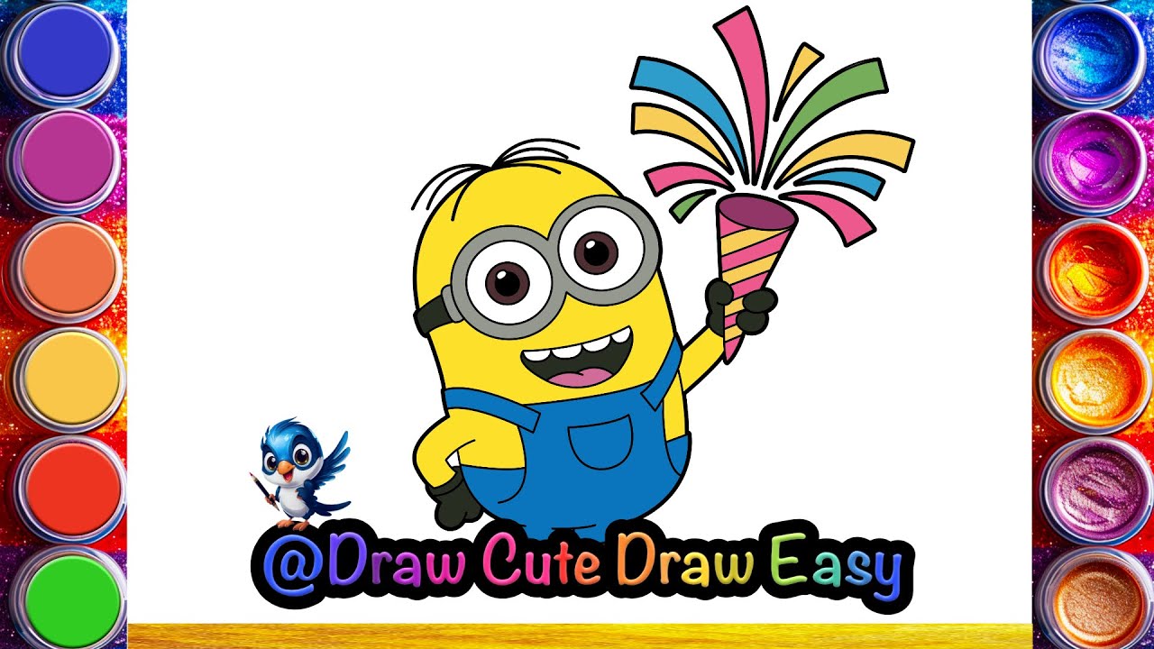 How to Draw a Minion Holding a Party Popper 🎉 | Easy Minions Drawing ...