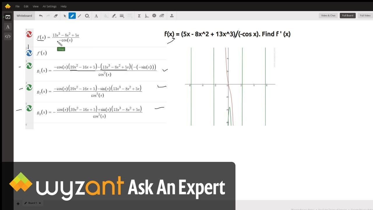Given a function use the quotient rule to find f'(x);numerator is a polynomial, denominator trig ...