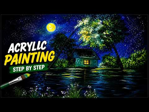 Peaceful Night Scenery 🌙 Acrylic Landscape Painting Tutorial | Relaxing Art in 4K