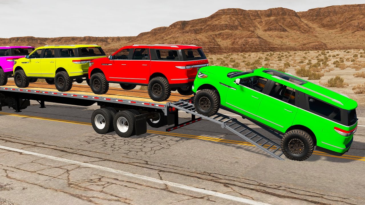 Flatbed Trailer Navigator Cars Transportation with Truck - Pothole vs ...